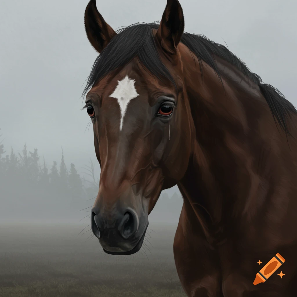 A sad horse crying in a foggy field. on Craiyon