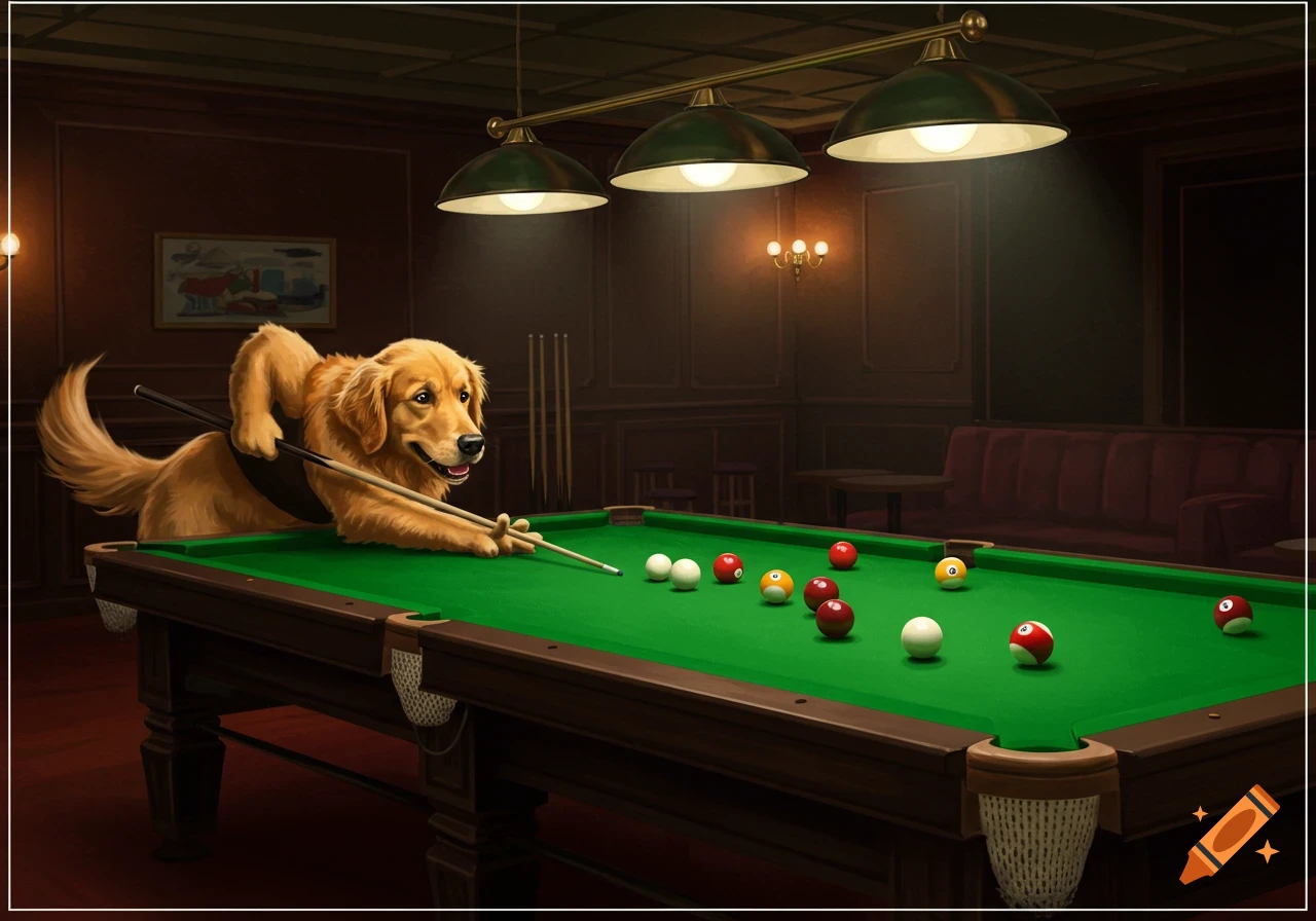 A golden retriever dog plays pool in a dimly lit room, holding a cue ...