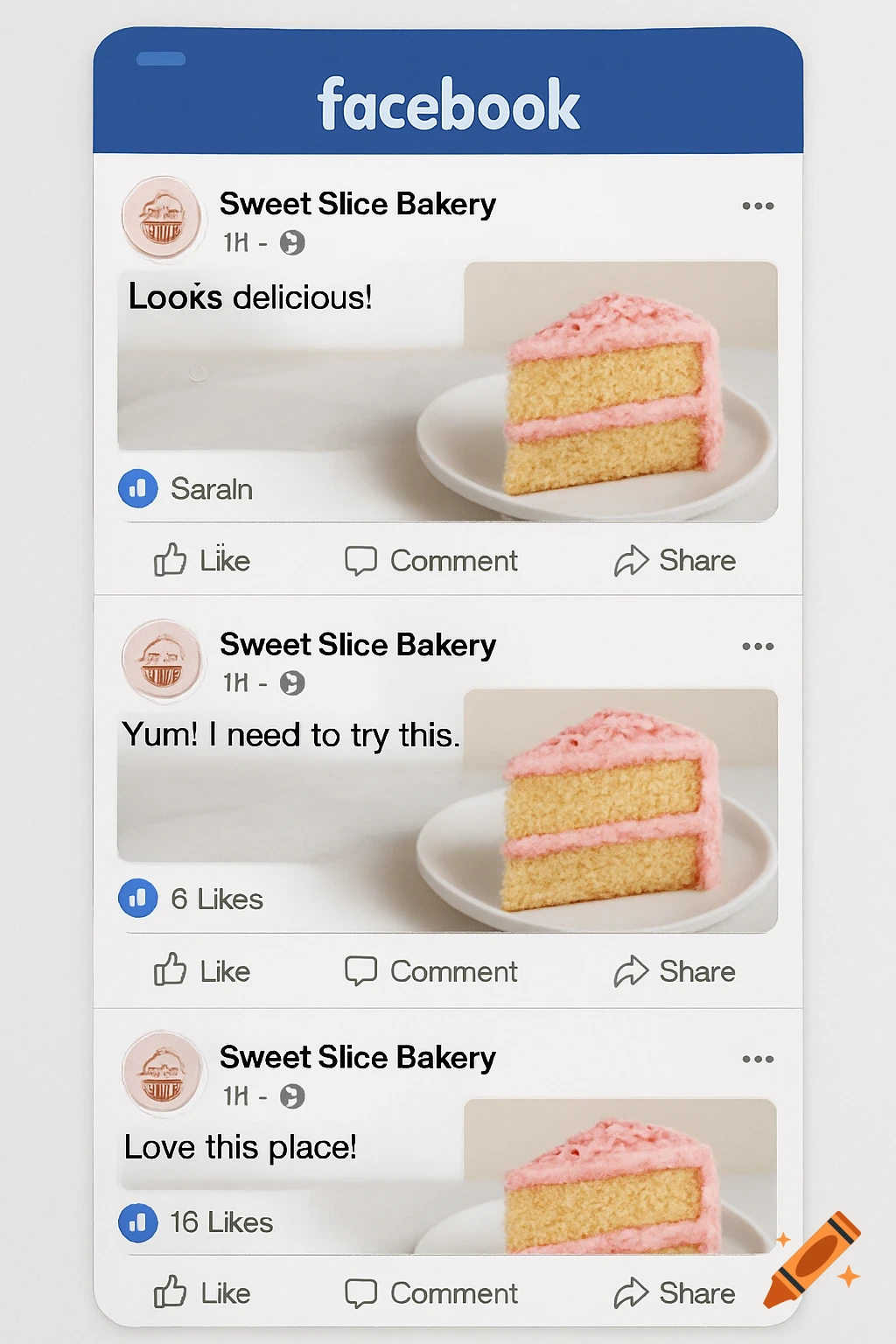 Simulated Facebook feed post showing a slice of cake from Sweet Slice ...