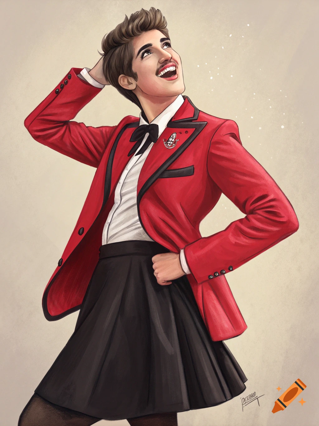 Illustration of a person in a red blazer and black skirt posing on Craiyon