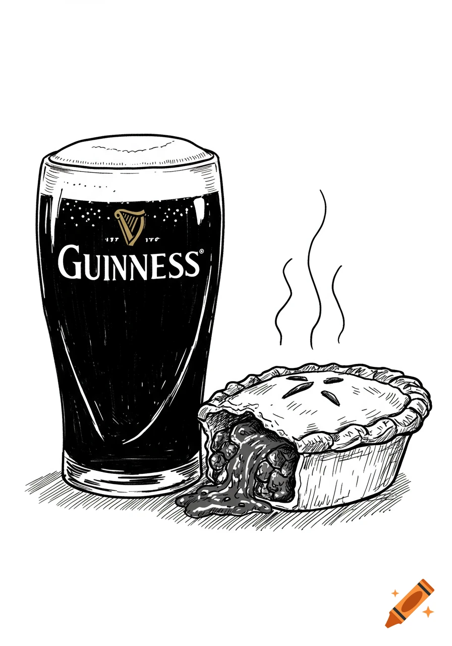 Black and white doodle drawing of a pint of Guinness beer next to a ...