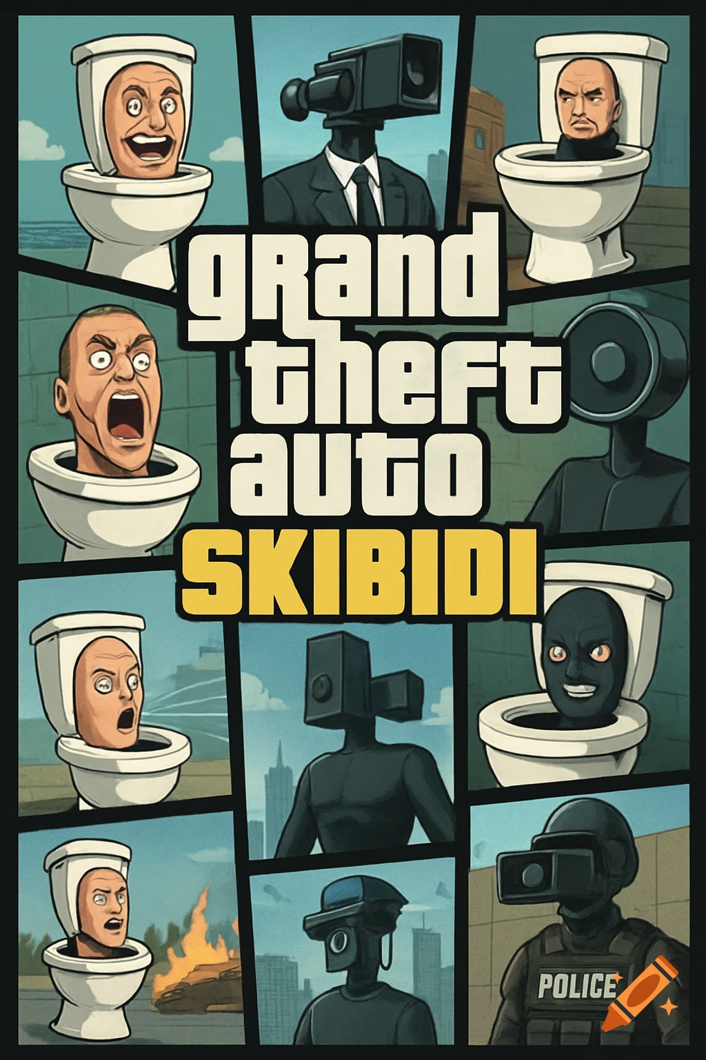 Parody cover art styled like Grand Theft Auto, featuring cartoon heads ...