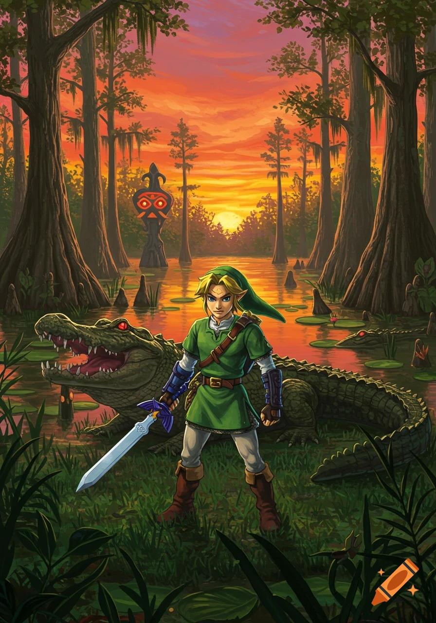 Link stands with an alligator in a swamp at sunset with a mysterious ...