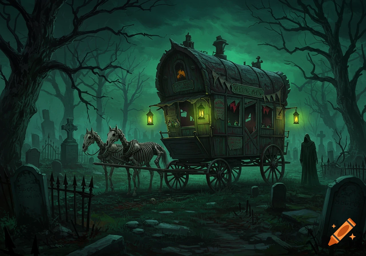 A spooky horse-drawn medicine show caravan in a cemetery at night with ...