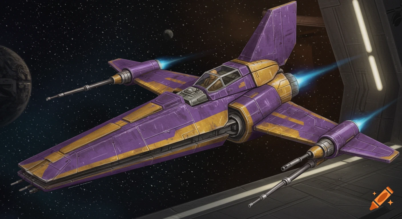 A purple and gold Star Wars Jedi starfighter flying in space near a ...