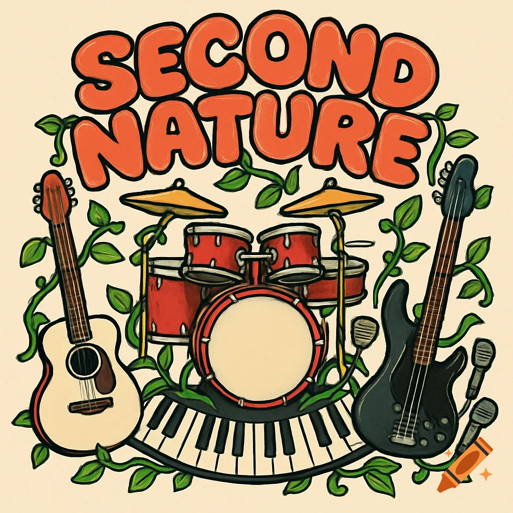Cartoon band logo with Second Nature text, drum kit, guitars, keyboard ...