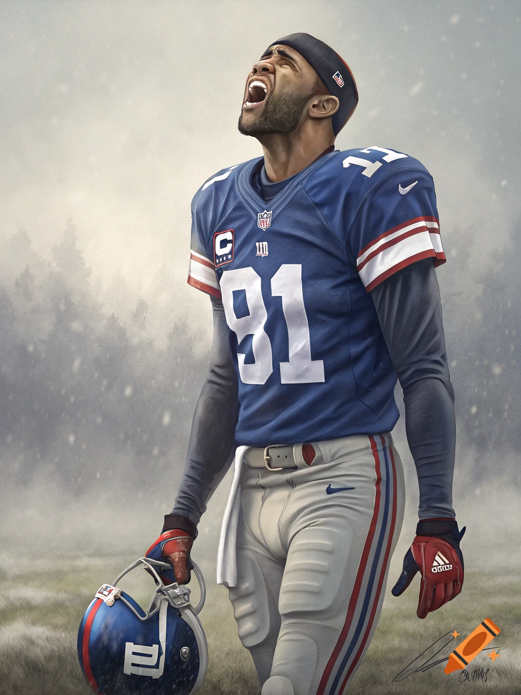 A painted portrait of an American football player in a red and gold ...