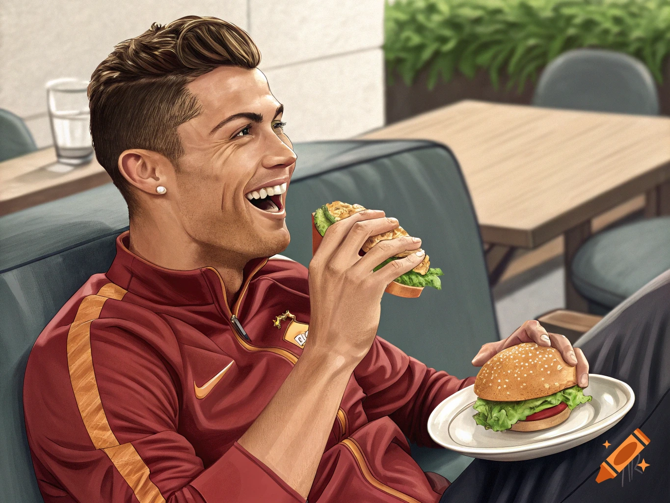 Illustration of Cristiano Ronaldo smiling and eating a burger on a sofa ...