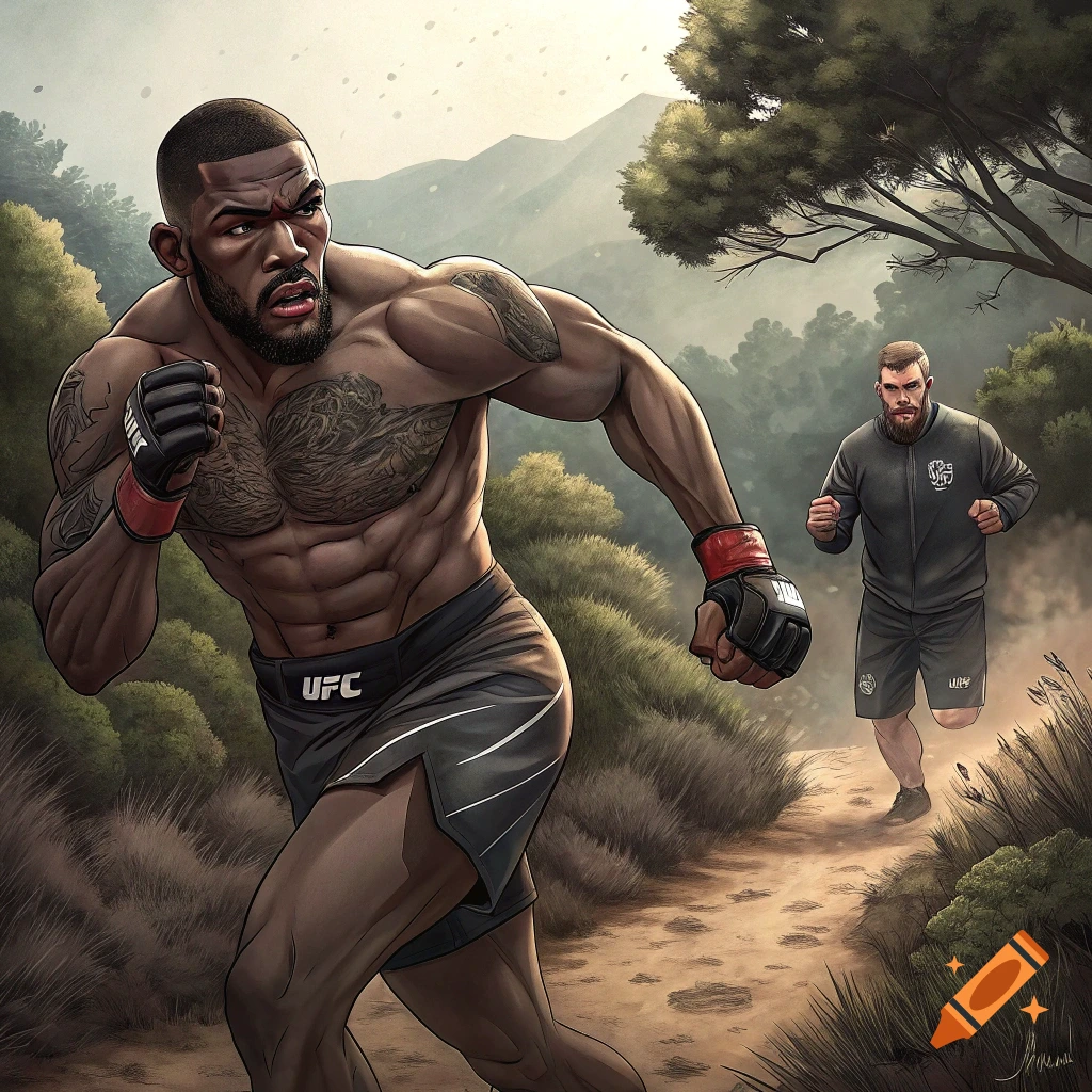 Two muscular men, one wearing UFC shorts, run on a dirt trail through a ...