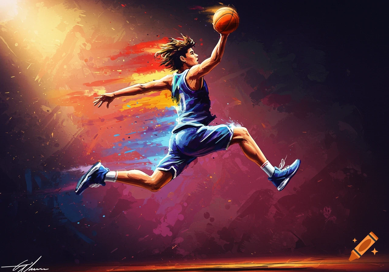 Painting of a basketball player jumping to dunk on Craiyon