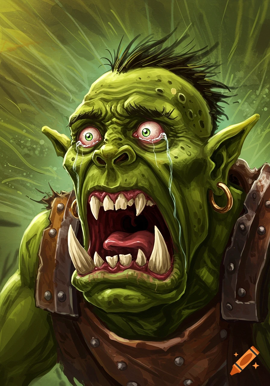 Terrified, scared, crying Ork character art on Craiyon
