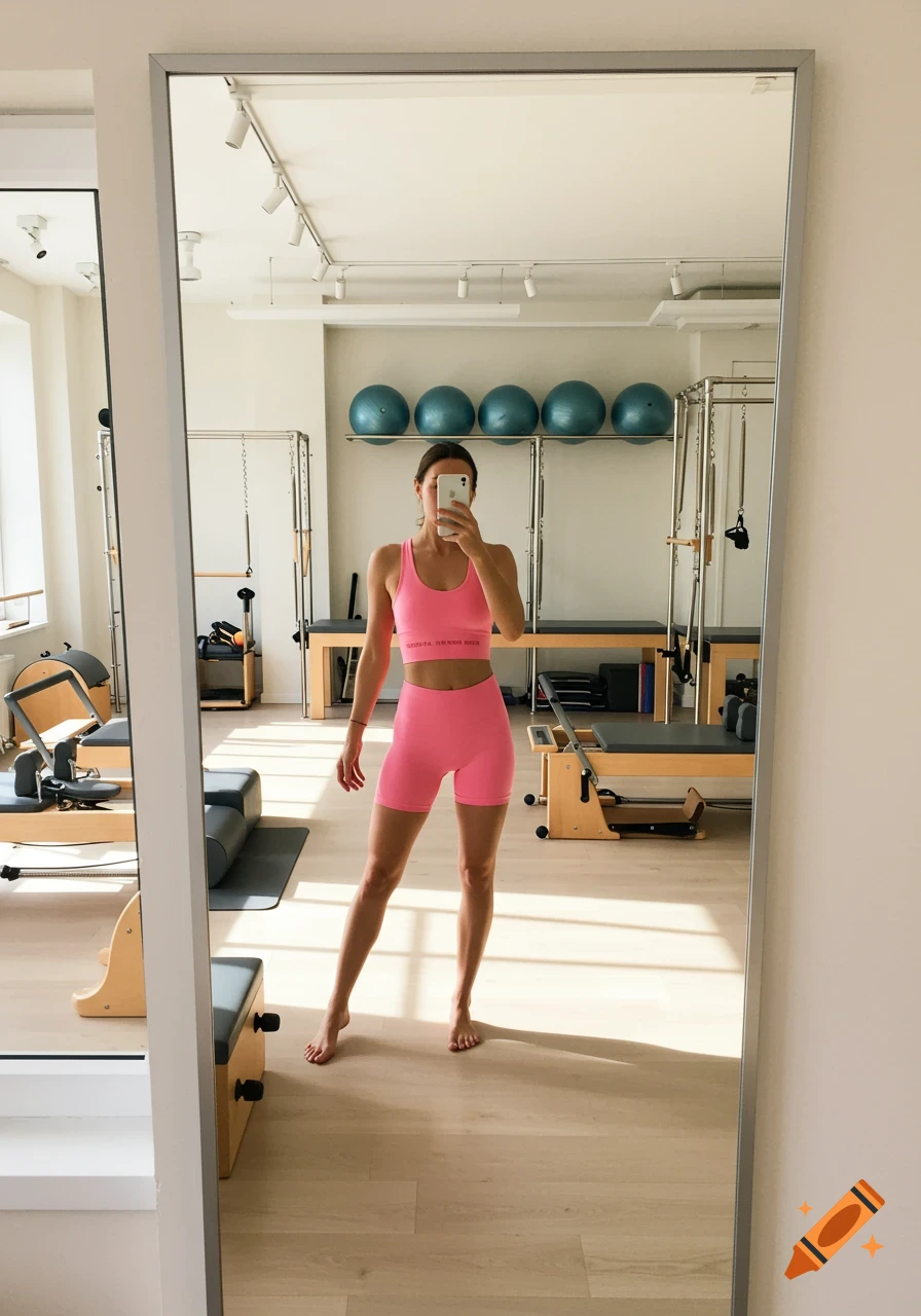 A woman takes a mirror selfie in a Pilates studio, wearing a pink ...