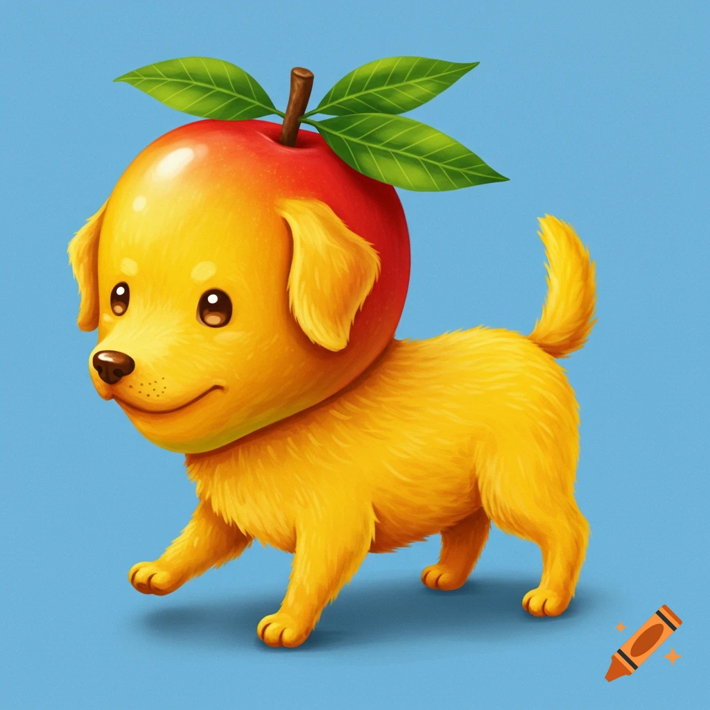 Dog with yellow fur and mango fruit head on Craiyon