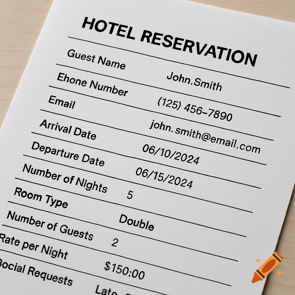 Close-up view of a hotel reservation form filled out with guest details ...