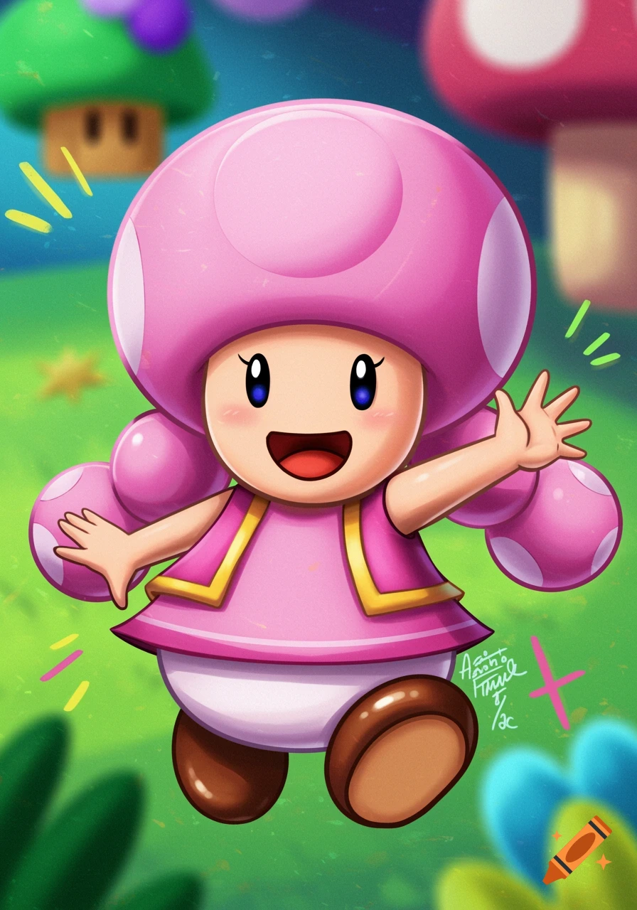 Peachette is smiling and waving in a vibrant cartoon Mushroom Kingdom ...