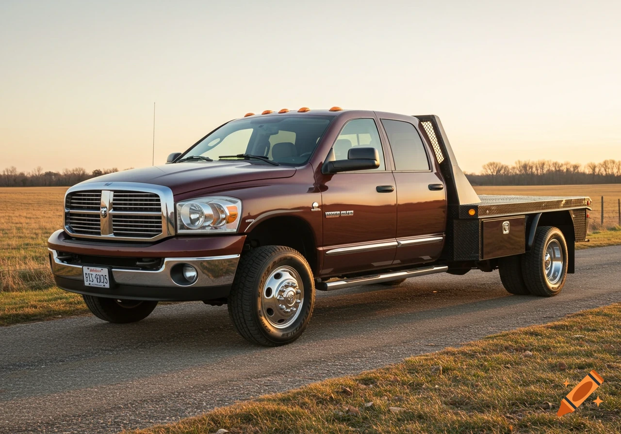 Maroon Dodge truck with a Lance truck camper parked on a dirt road in a ...