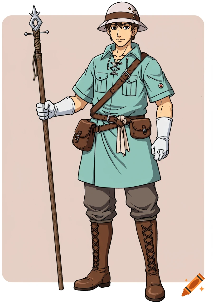 Anime male character in explorer clothes holding a staff on Craiyon