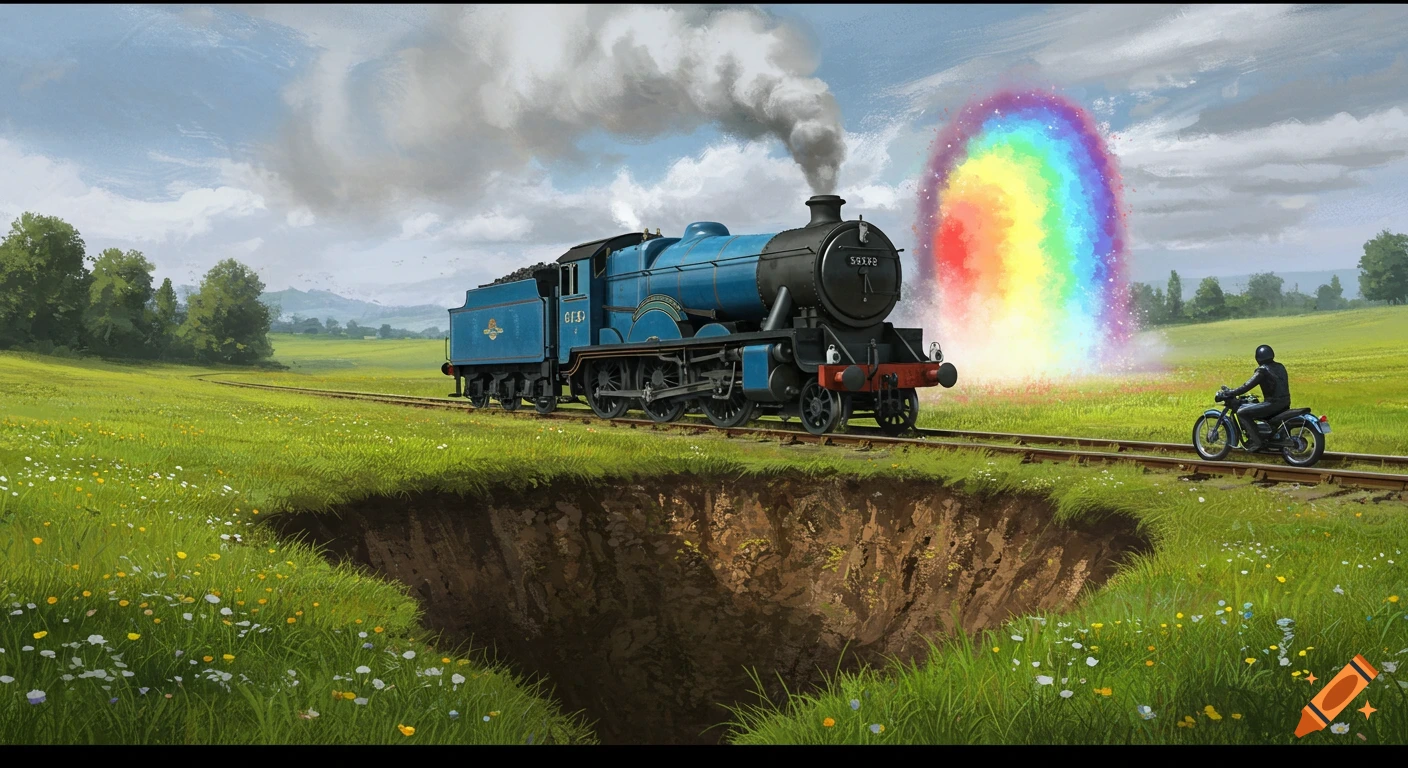 Sad Thomas the Tank Engine and other trains on a track under a dark ...