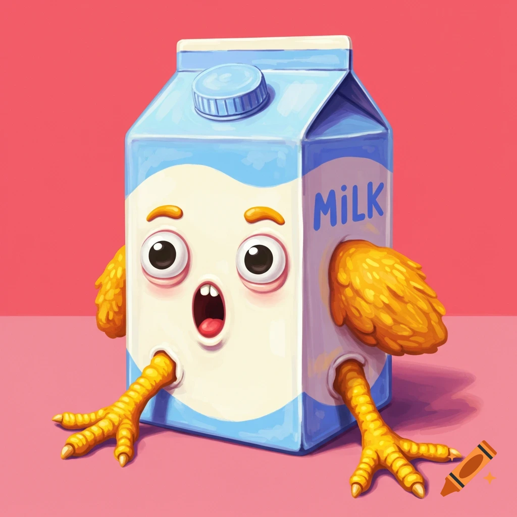 A cartoony milk carton with eyes, a mouth, and chicken wings and legs ...