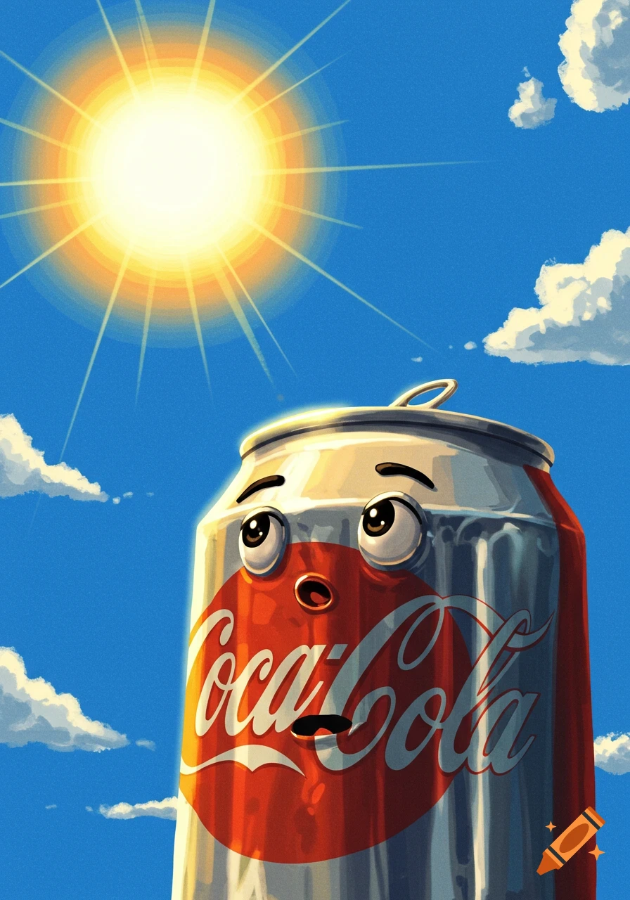 Cartoon Coca-Cola can with a face looking at the sun. on Craiyon