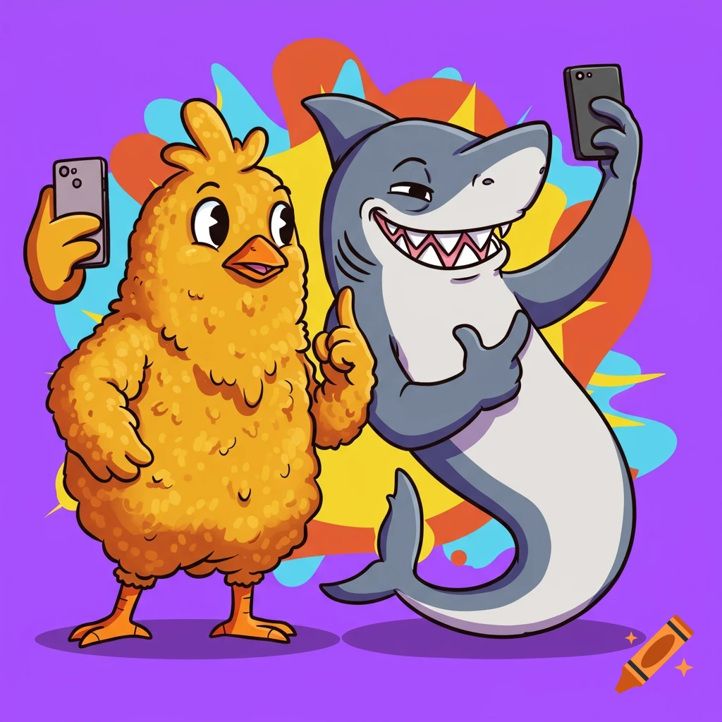 Cartoon chicken tender selfie with shark-chicken tender hybrid on Craiyon