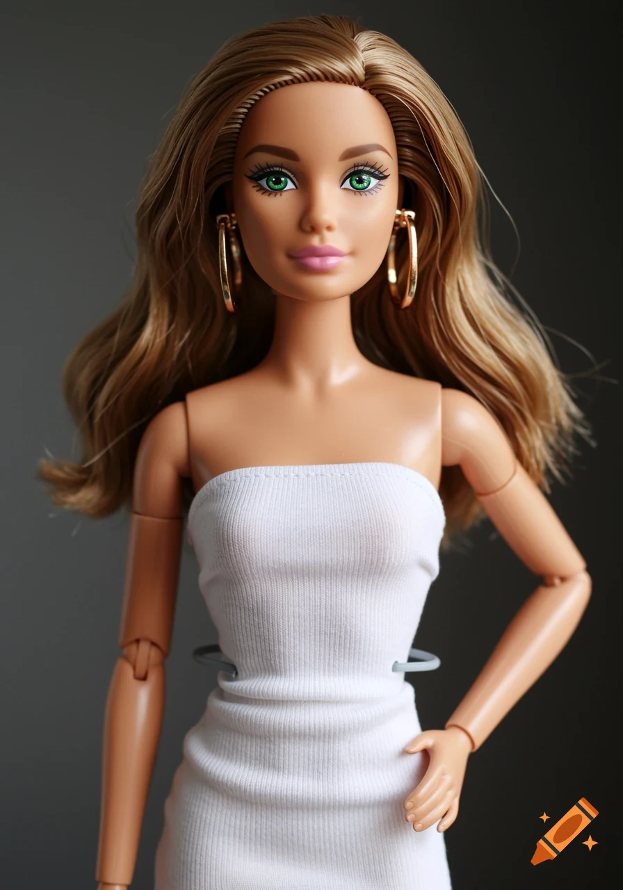 White Barbie doll with curly black hair and green eyes wearing a black ...
