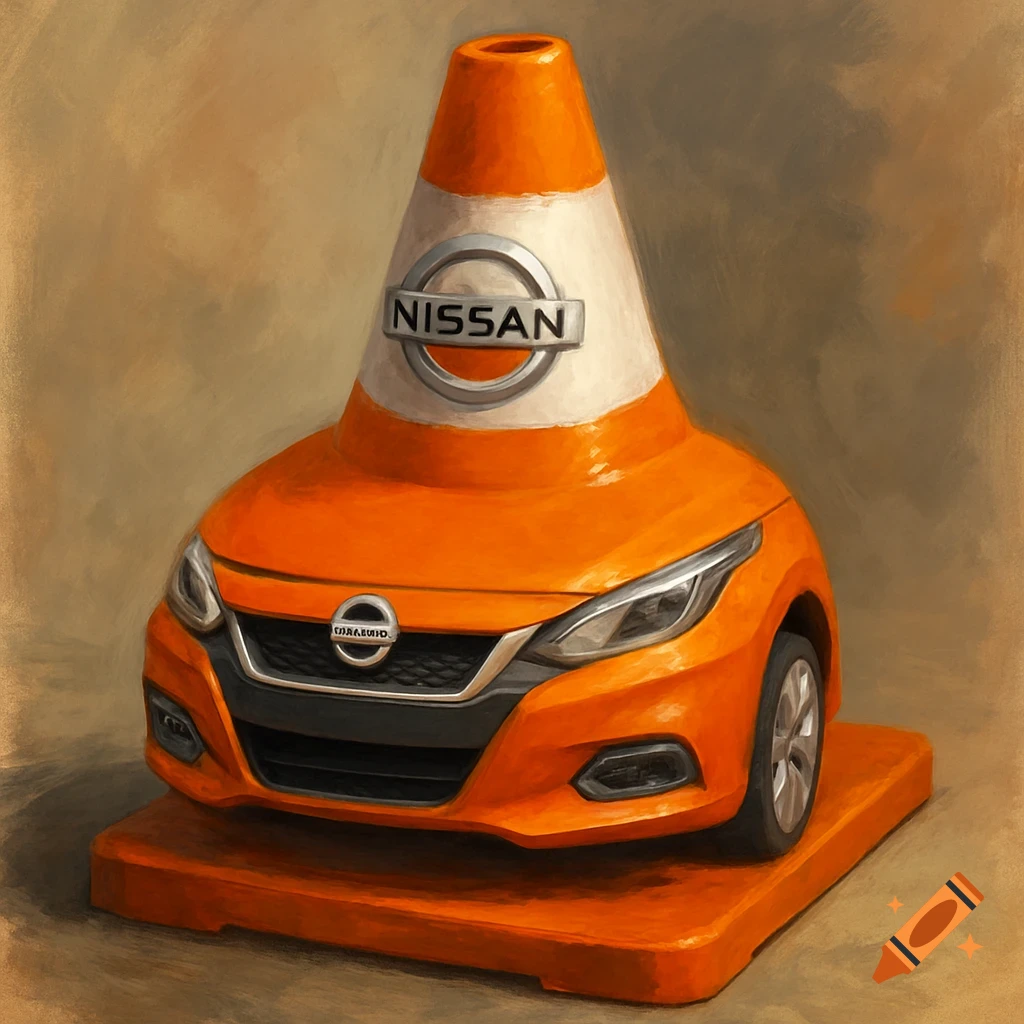 An orange traffic cone shaped like a Nissan car on Craiyon