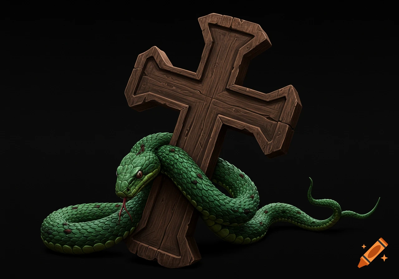 A green snake coiled around a wooden cross. on Craiyon