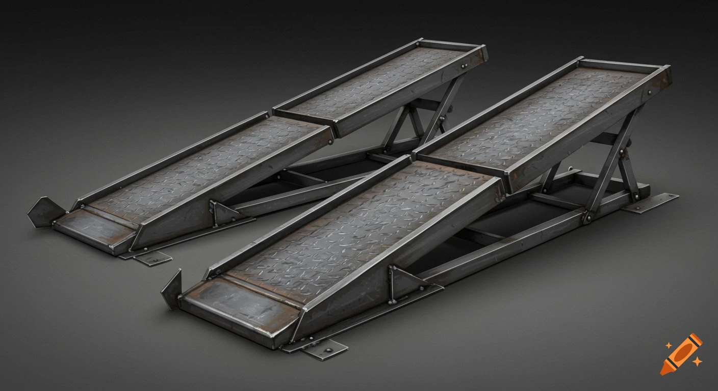 Two metal car ramps with diamond plate surfaces on a dark background on ...