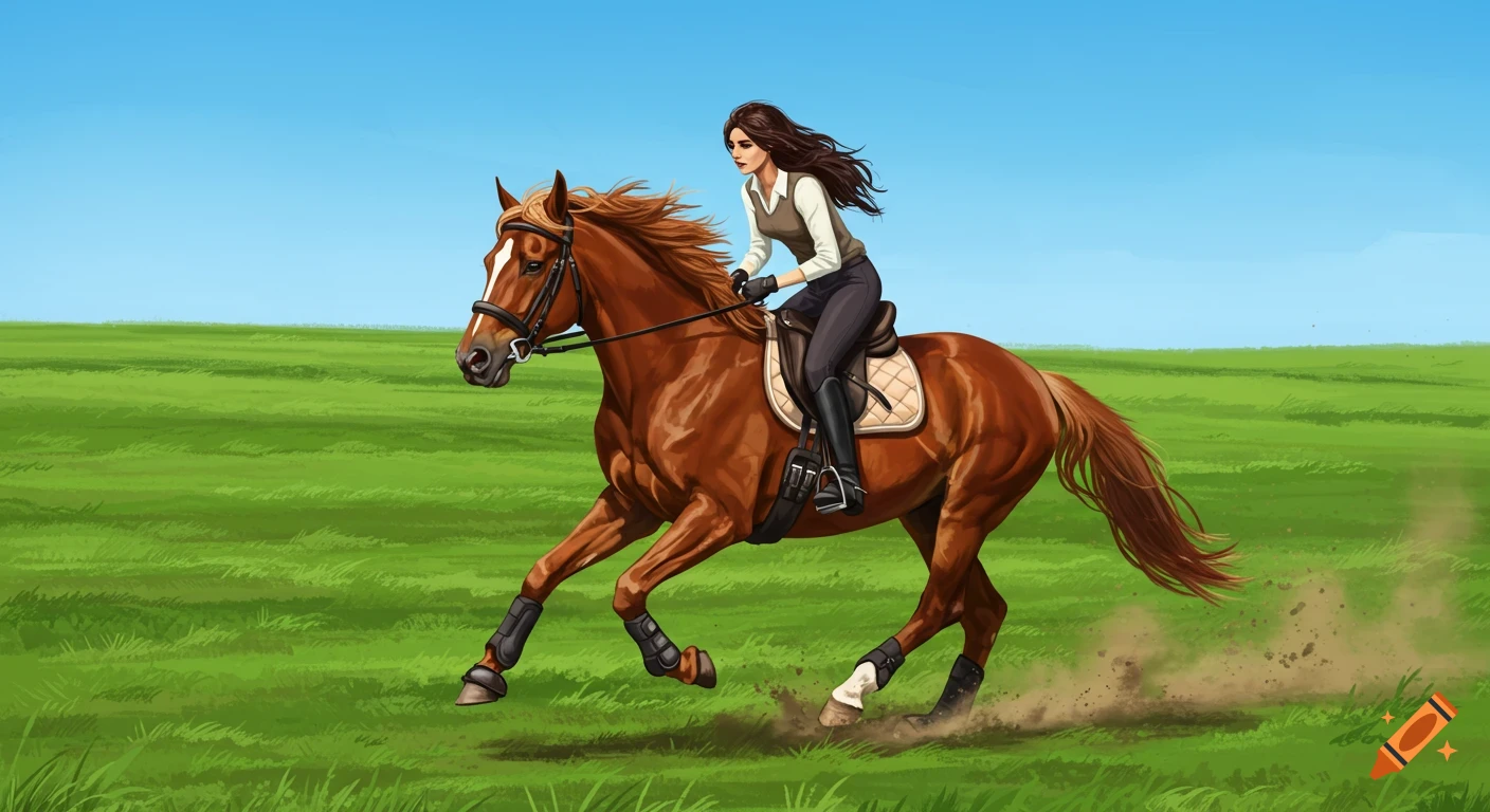 A woman riding a galloping horse across a green field under a blue sky ...