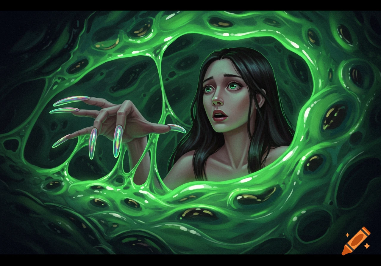 Woman with long nails emerging from slime cocoon on Craiyon