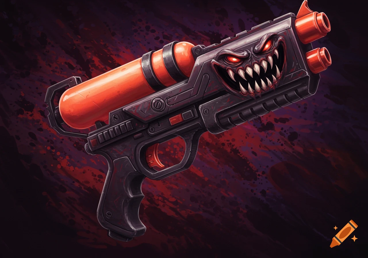 A stylized image of a menacing, evil-looking water pistol with sharp ...