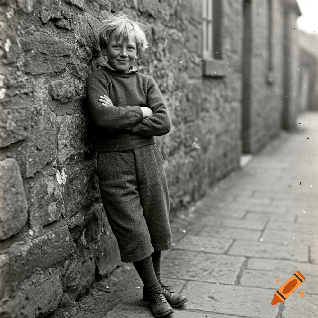 Vintage photo of a 13 year old Scottish boy smirking on Craiyon