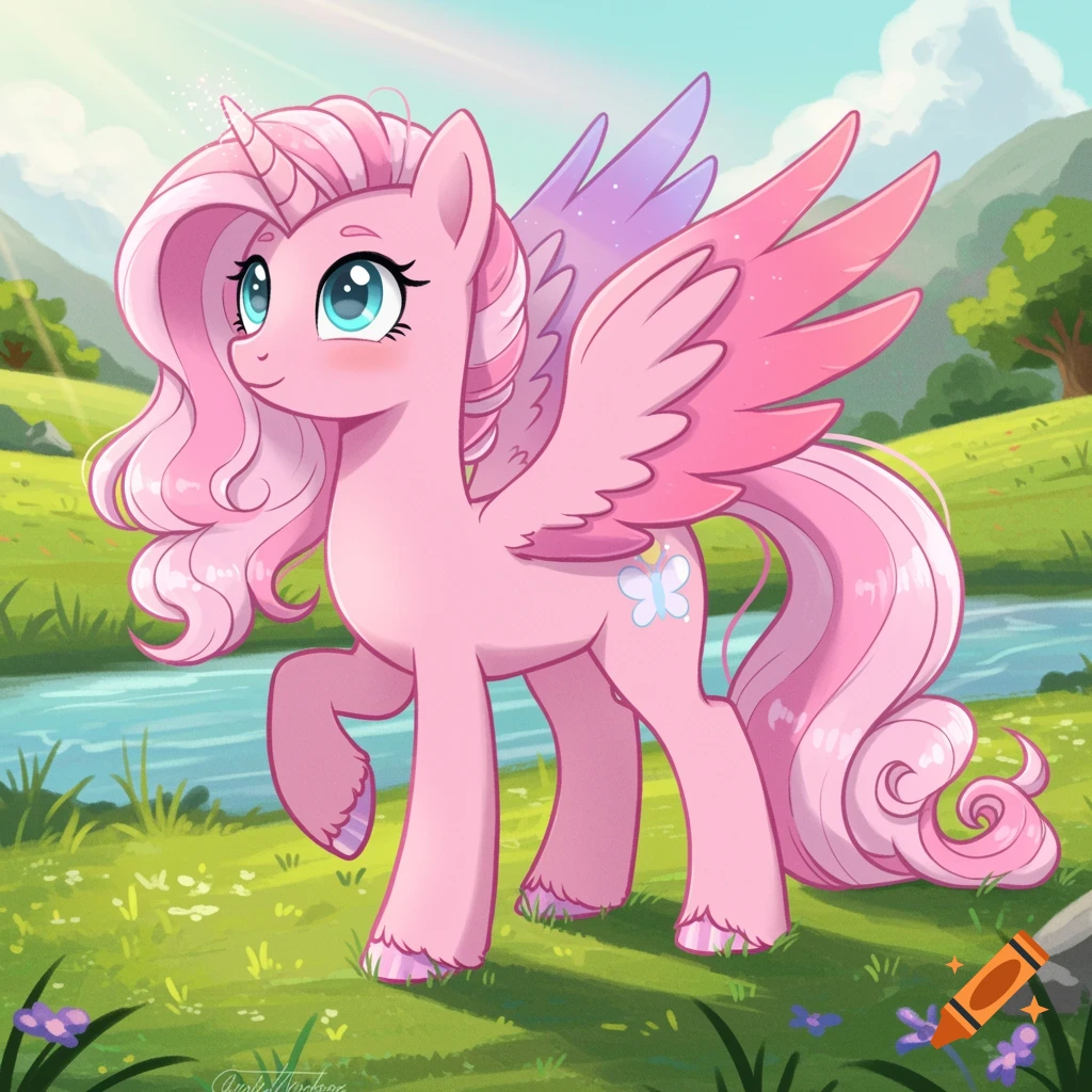 A pink My Little Pony unicorn pegasus stands in a sunny meadow by a ...
