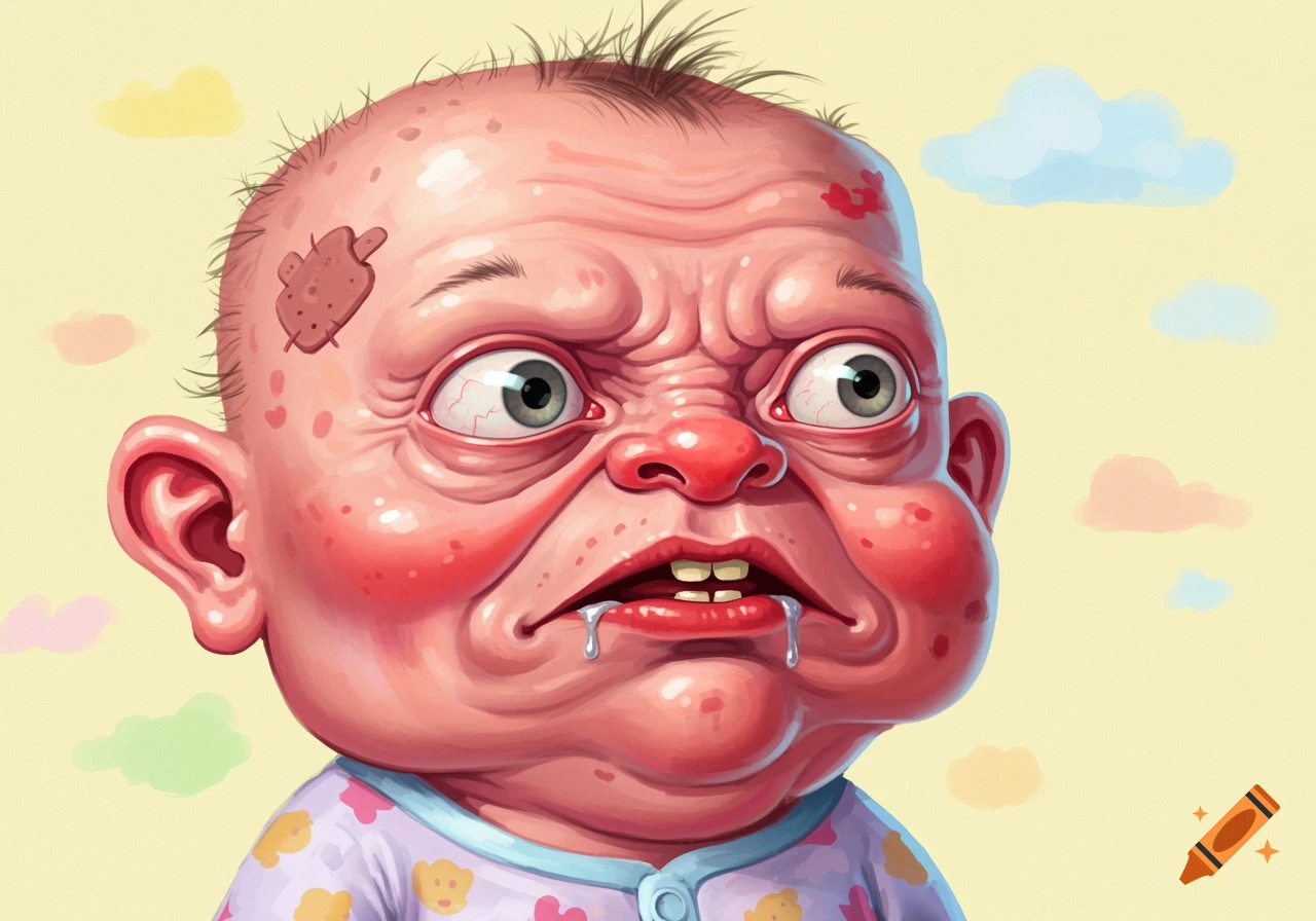 Cartoonish illustration of an ugly baby with exaggerated features ...