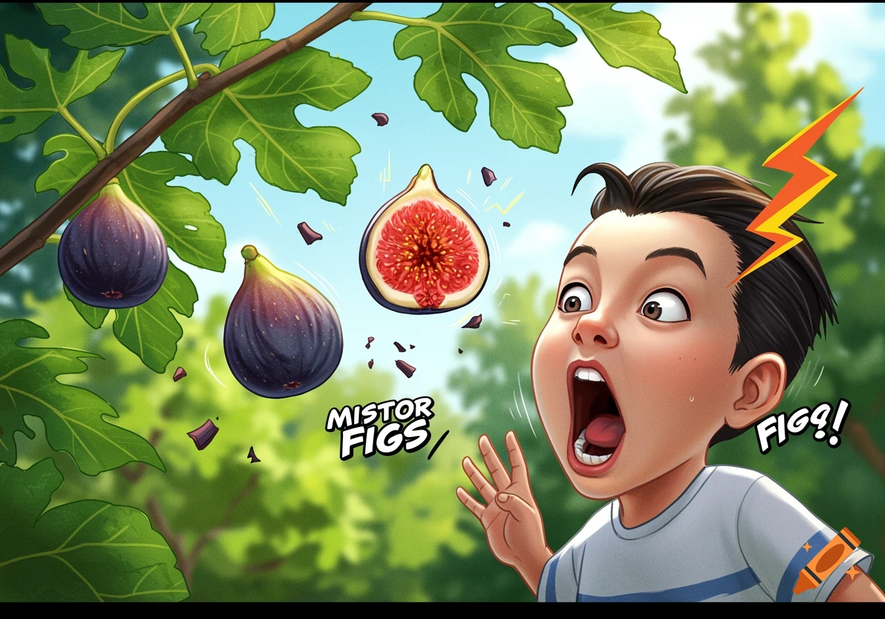 Fig falling on a kid illustration on Craiyon