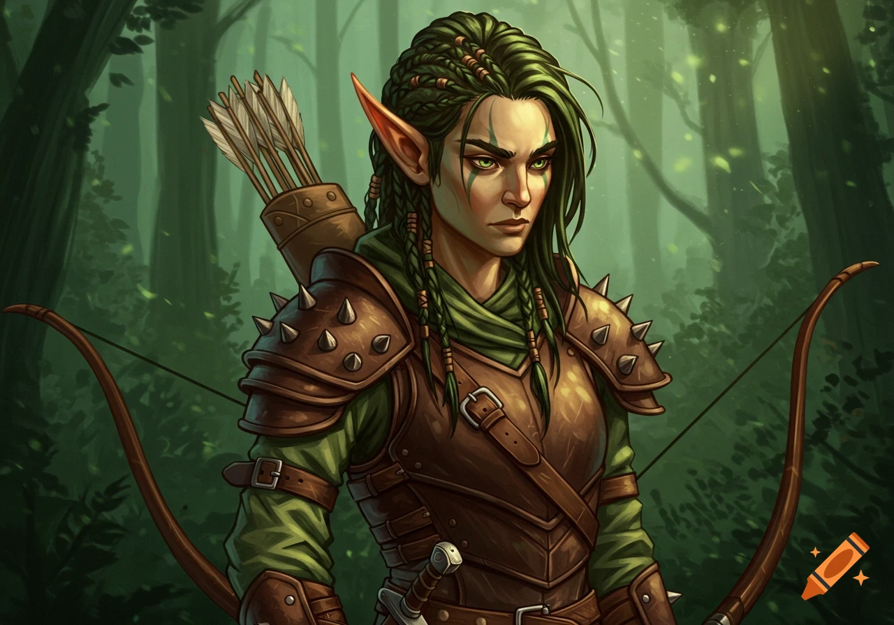 A male wood elf ranger with a bow and quiver stands in a forest. on Craiyon