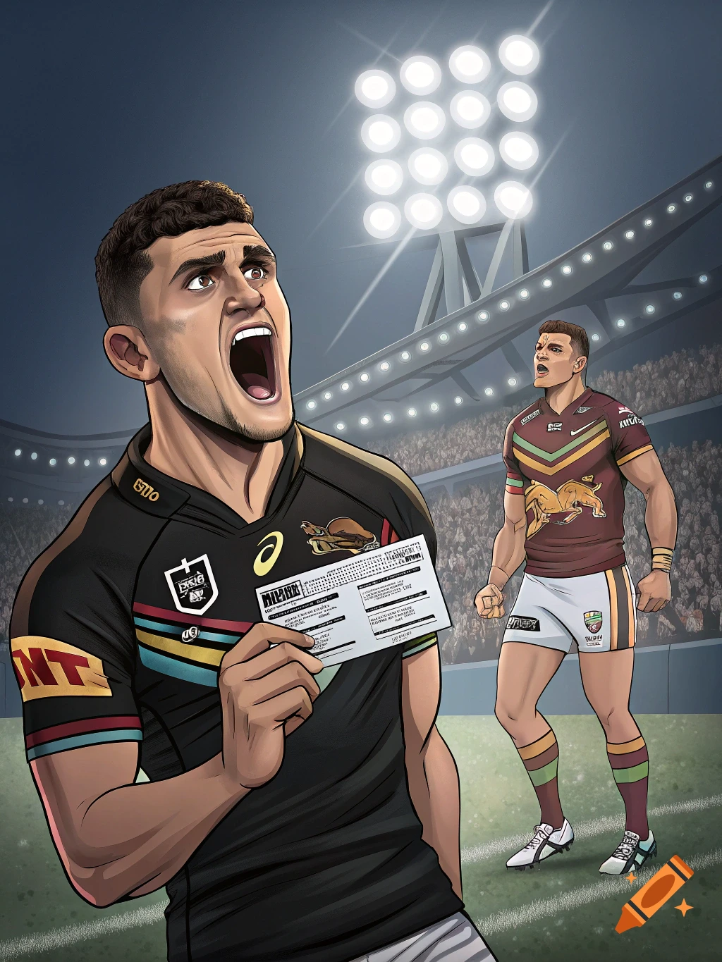 Five muscular male rugby players, dressed in different team jerseys ...