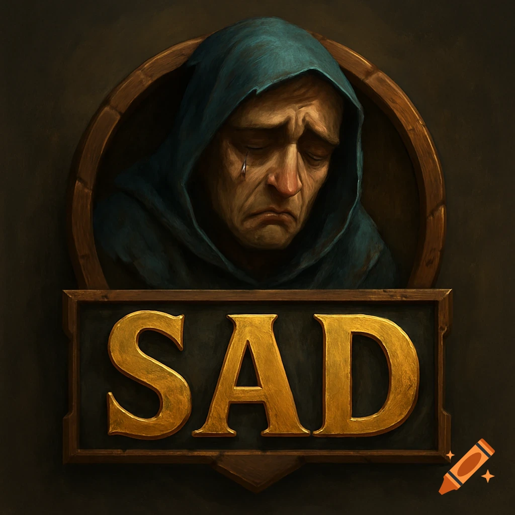 A sad, hooded figure is positioned above a sign that says SAD, designed ...