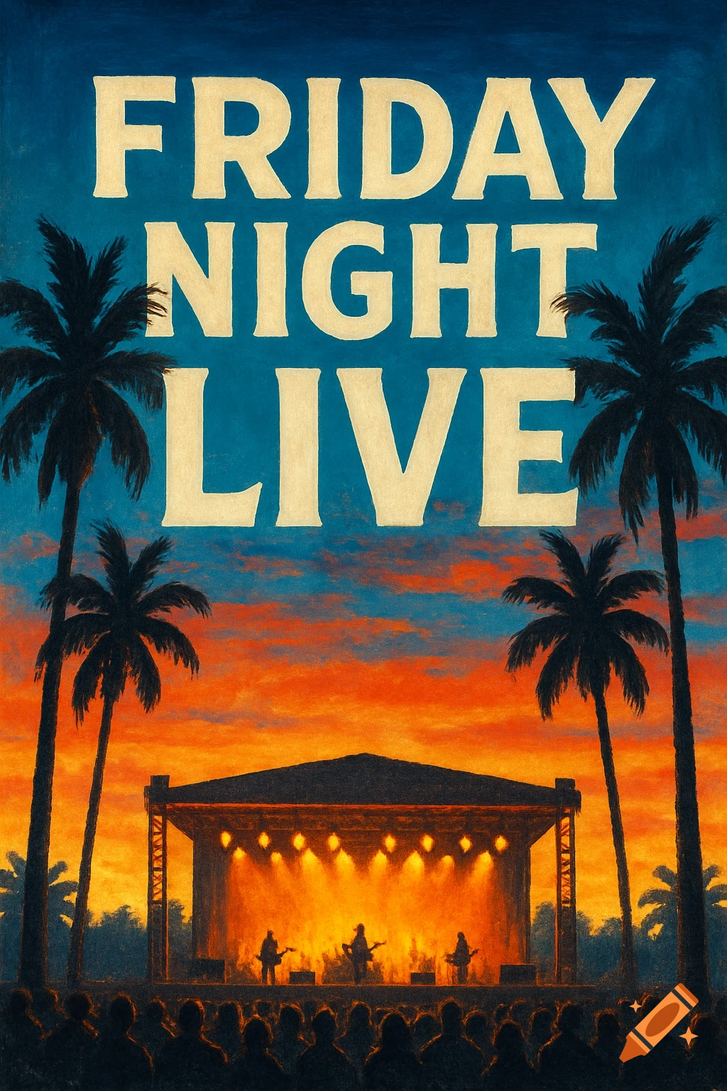A Friday Night Live concert poster featuring a stage, palm trees, and a ...
