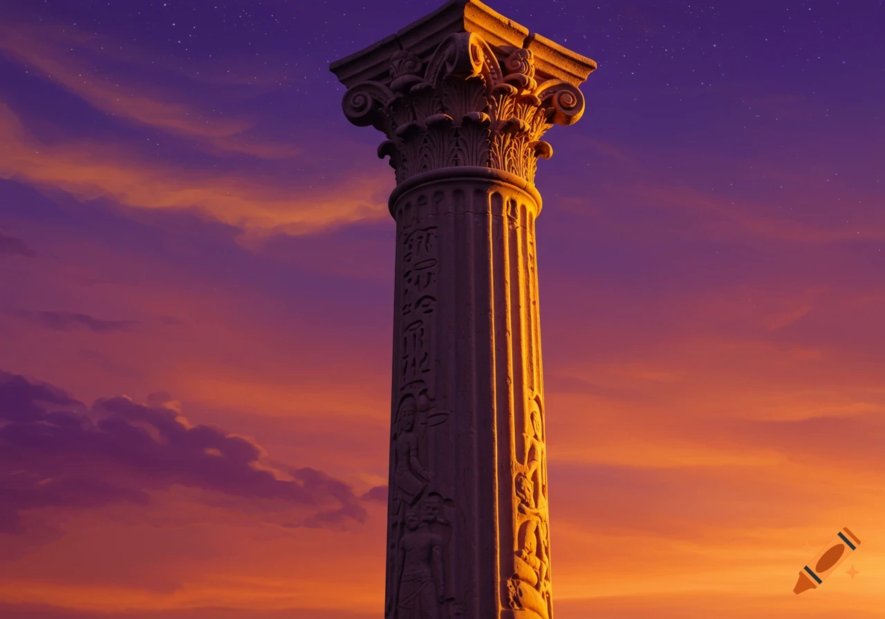 Detailed stone column with carvings and moss on Craiyon