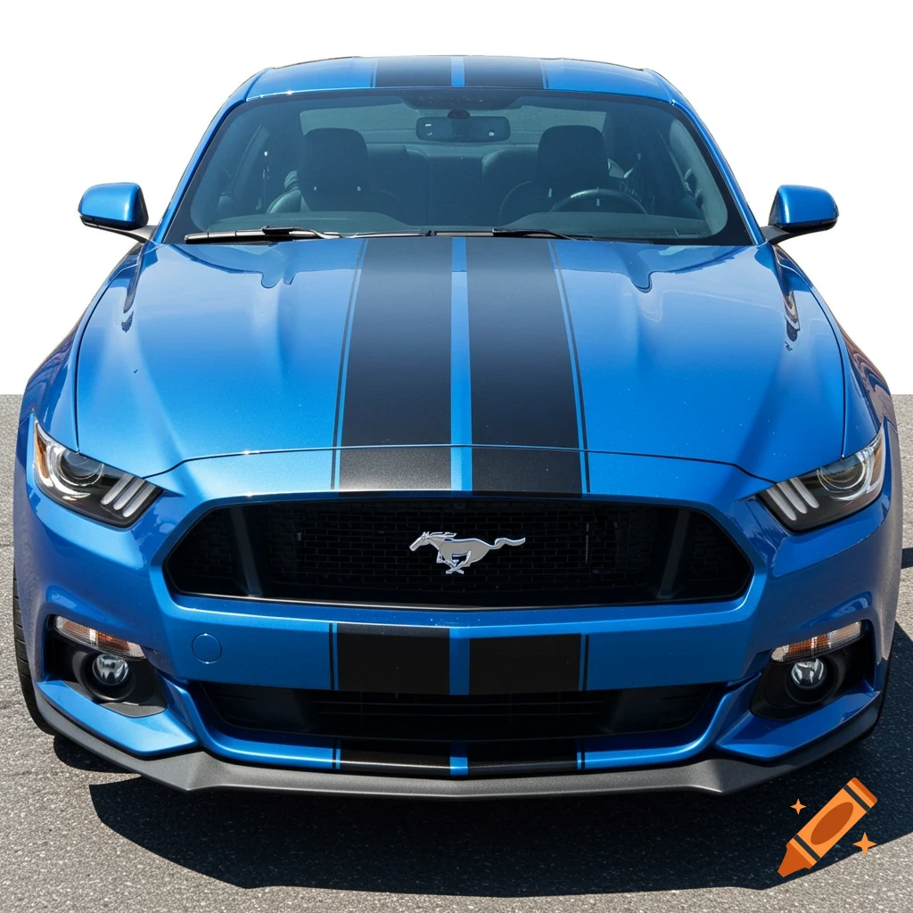Front view of blue 2018 Ford Mustang GTR with white stripes on Craiyon