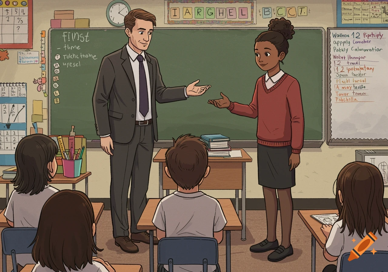 Cartoon of a teacher introducing herself to students on their first day ...