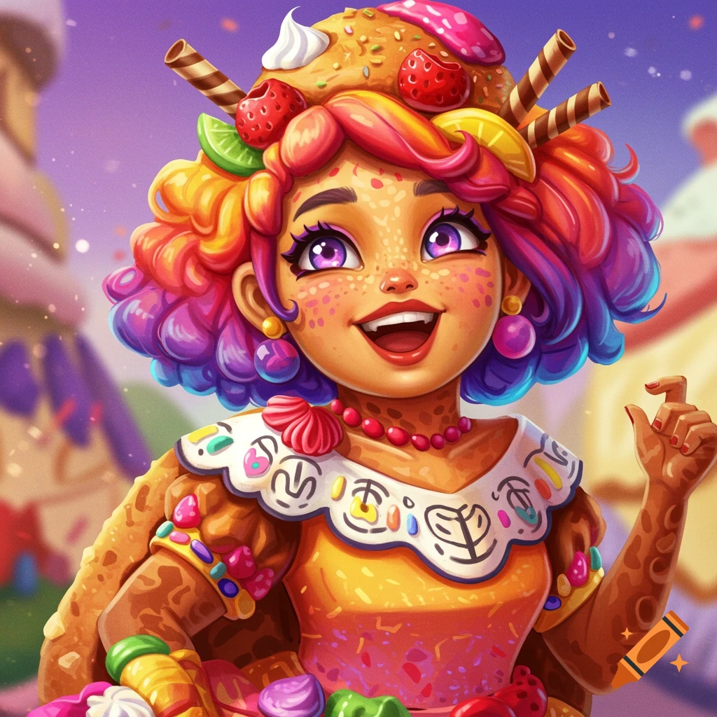 A whimsical girl made of torta, with colorful candy hair and a dress ...
