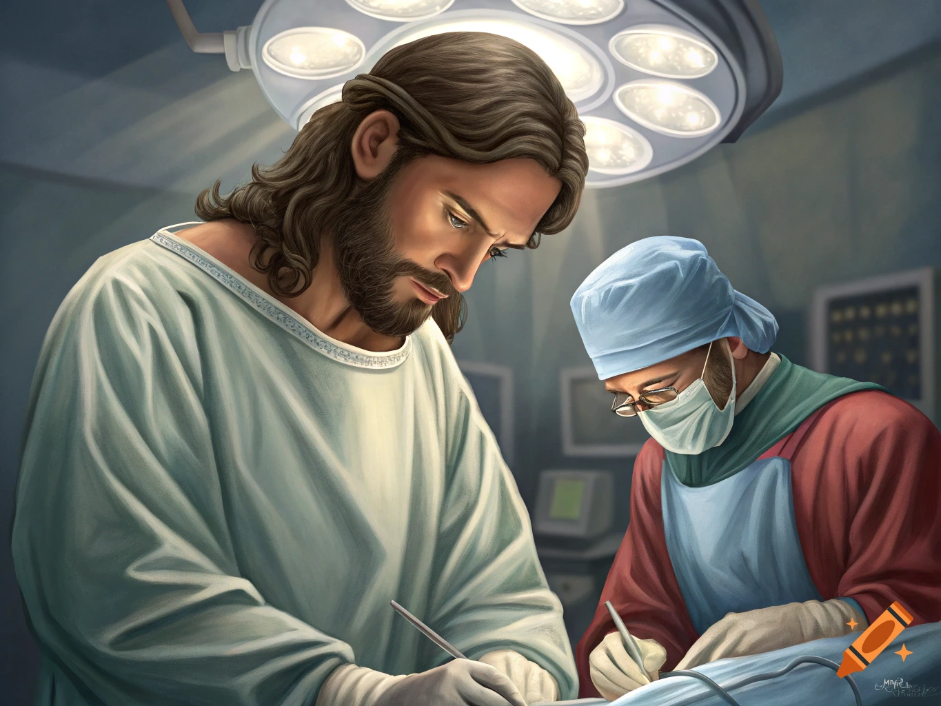 Doctors in surgical scrubs and masks performing an operation in a ...