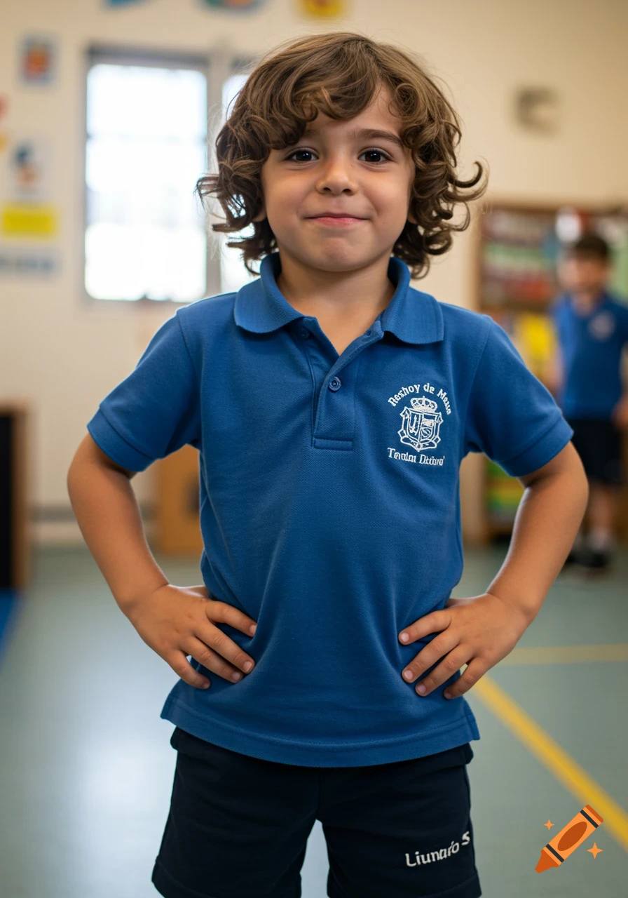 Handsome muscular toddler boy in blue school uniform on Craiyon