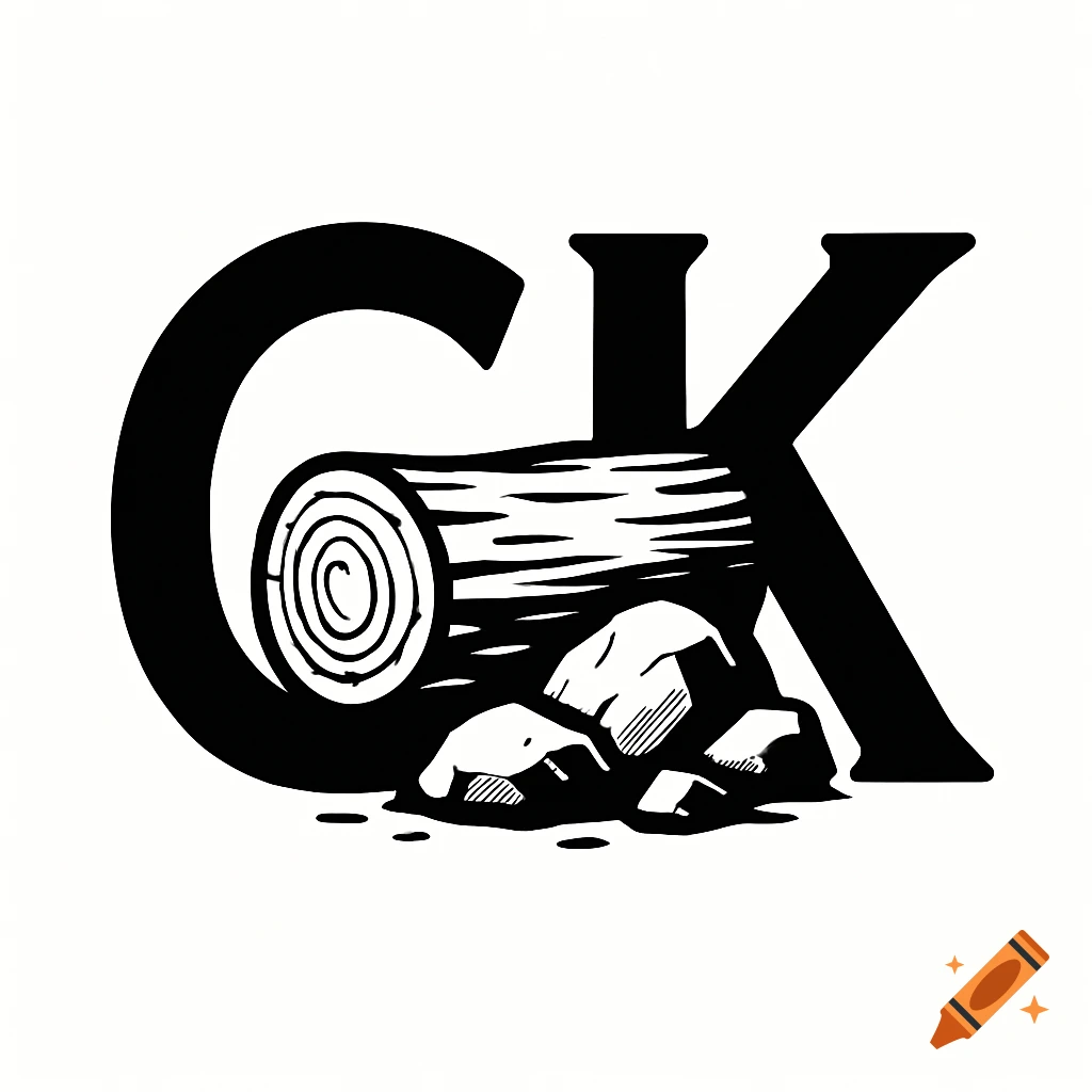 Black and white logo with letters C and K, a log, and rocks. on Craiyon