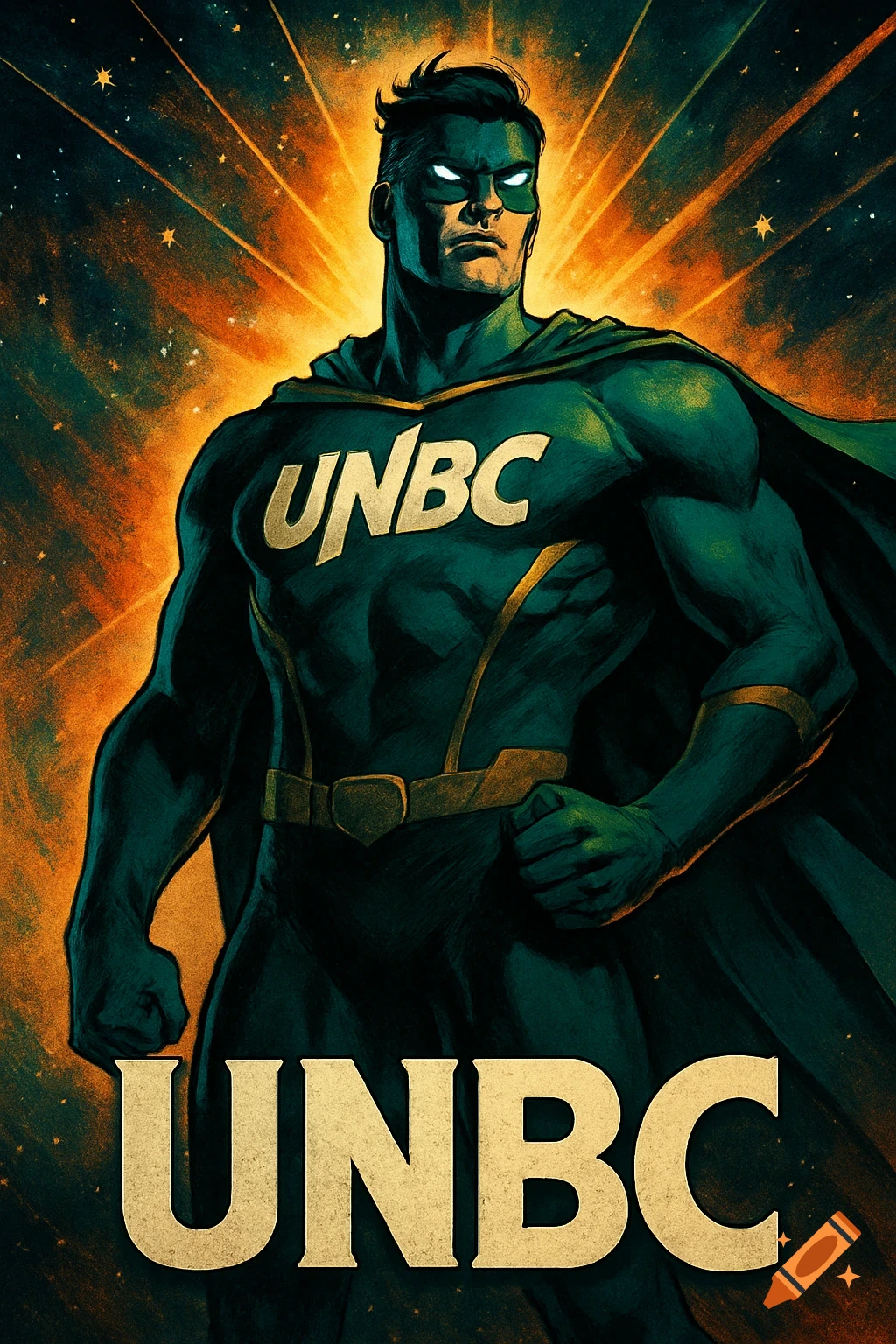 UNBC logo in a superhero themed poster on Craiyon