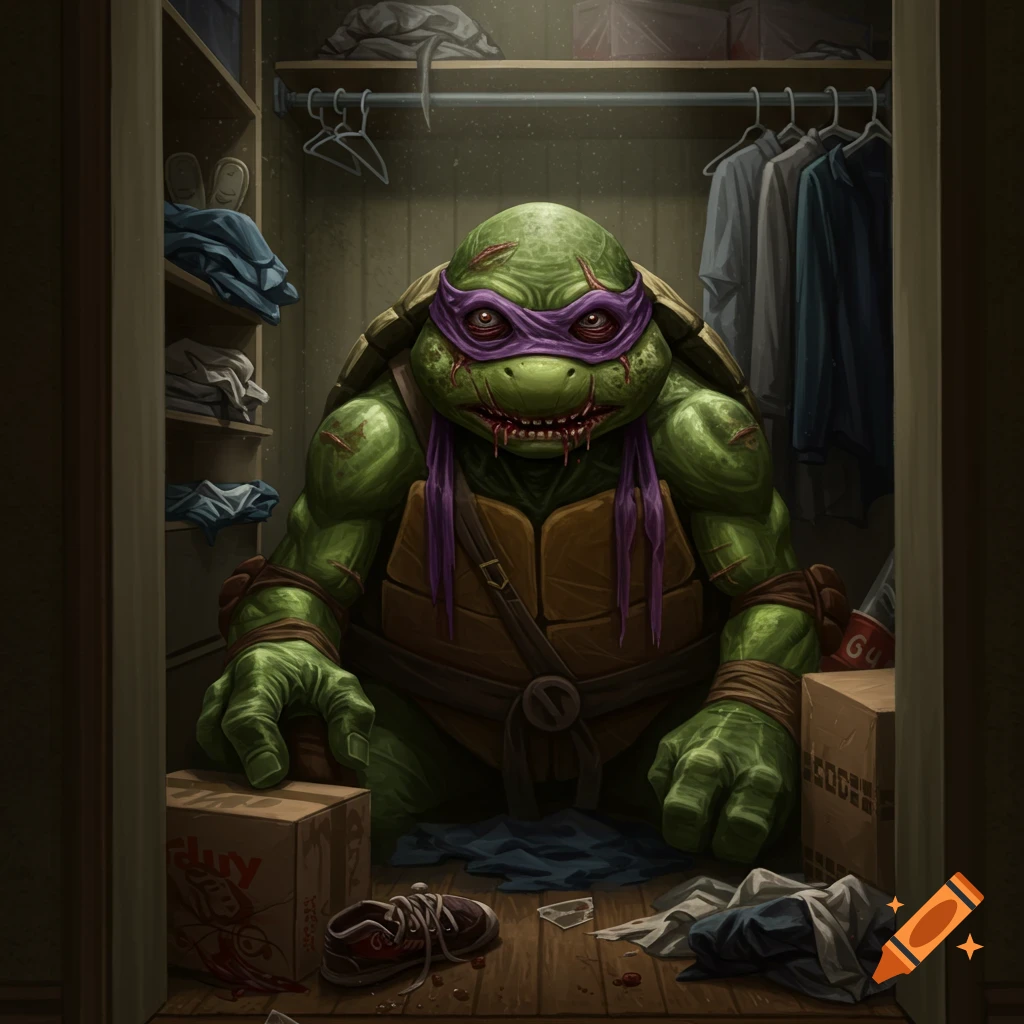 Teenage mutant ninja turtle in a creepy mascot horror style inside a ...