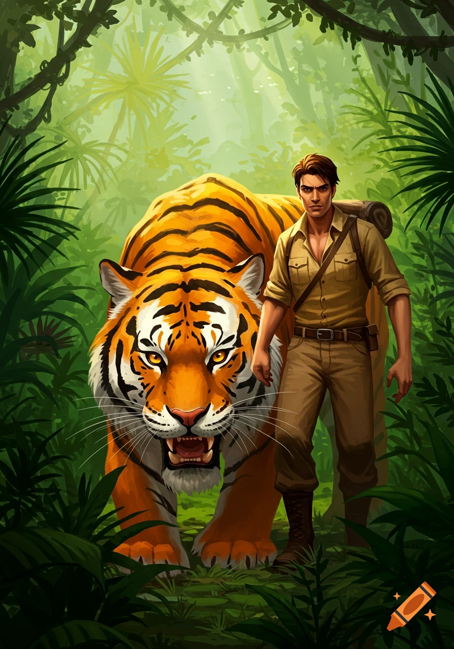 Man walking in a jungle with a tiger on Craiyon